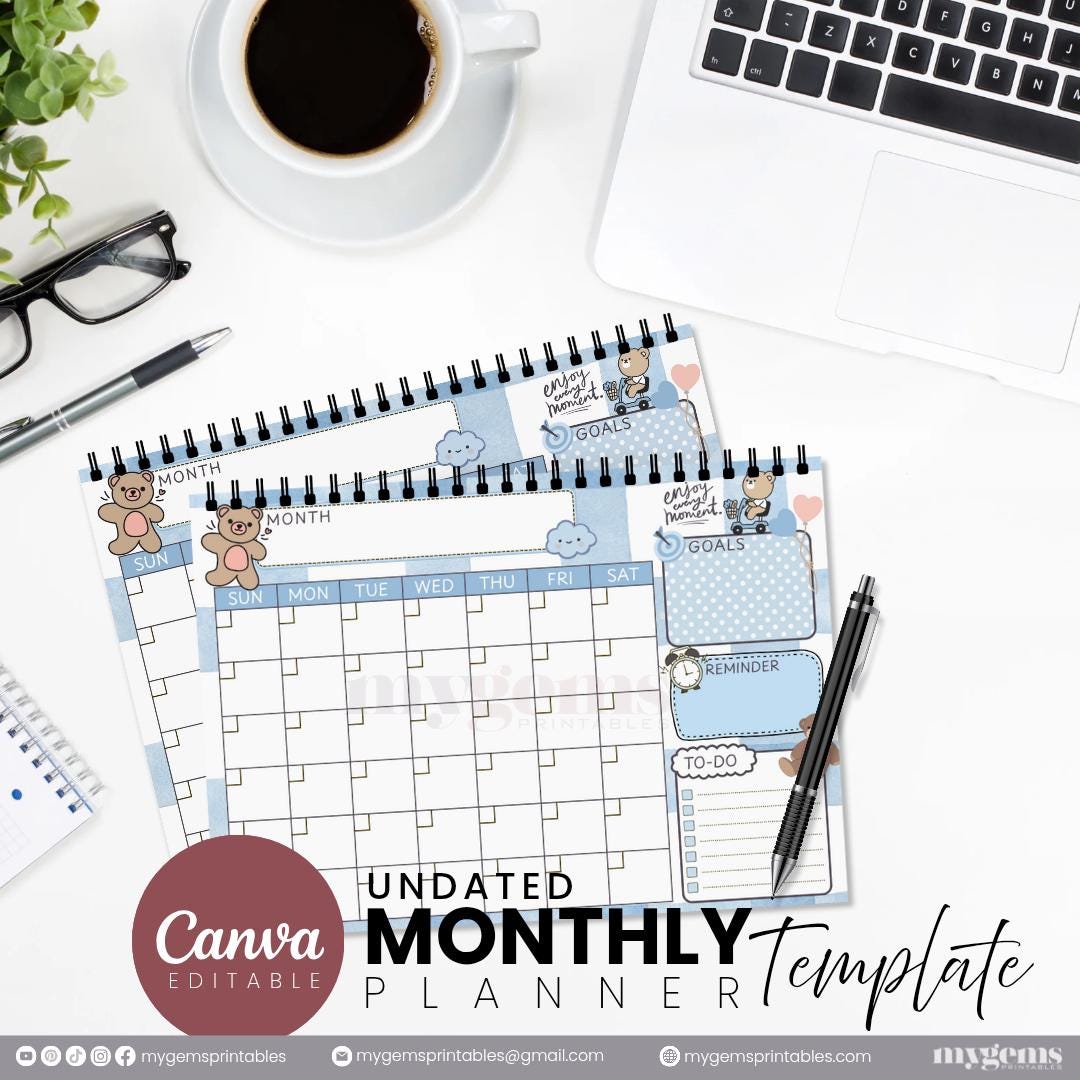 Printable Undated Monthly Planner | Canva Editable Template | A4 and ...