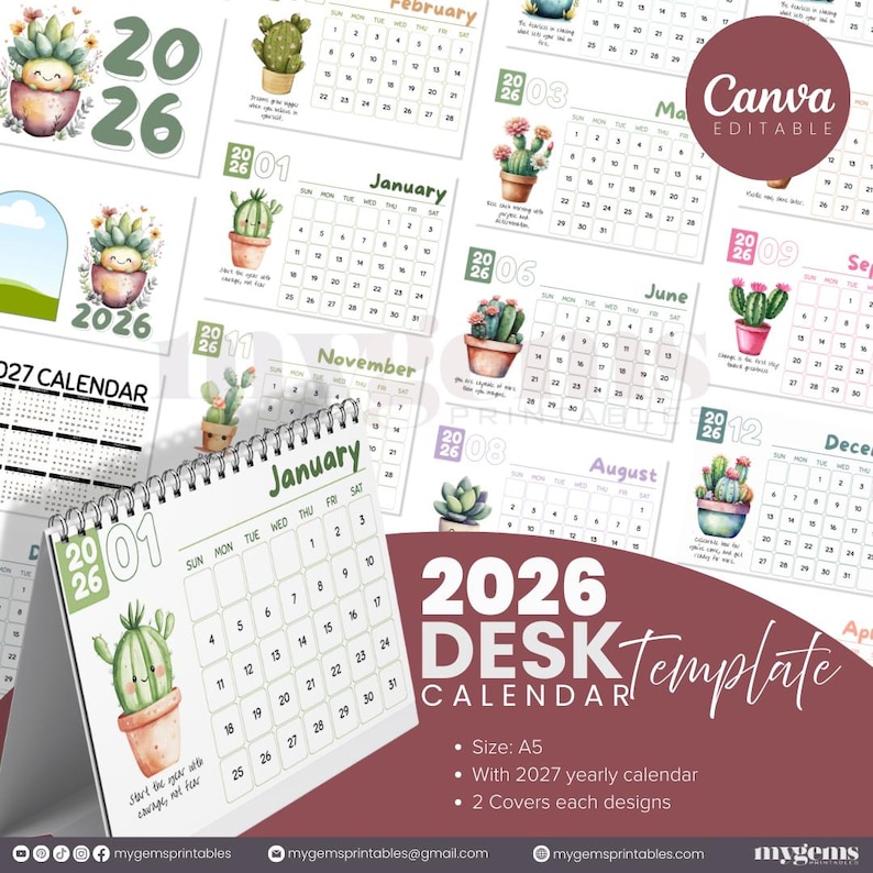 Cactus 2026 Desk Calendar Template: Kawaii A5 Canva Design Canva ...