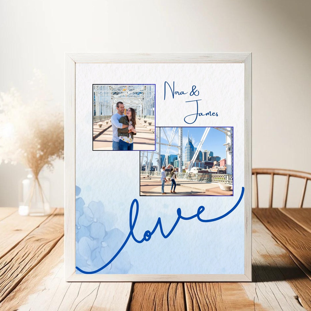 Personalized Engagement Photo Collage With Blue Watercolor Flowers and ...