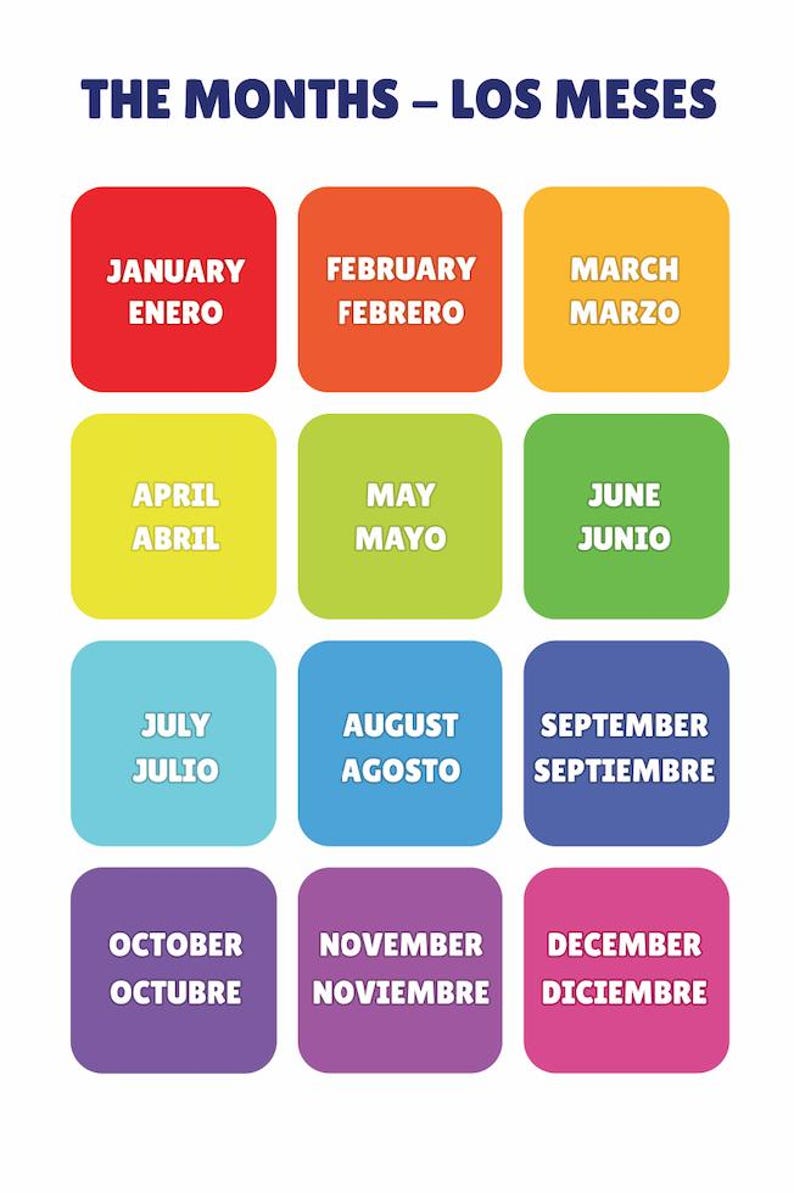 Months Poster - English, Spanish and Bilingual - Colors - Etsy