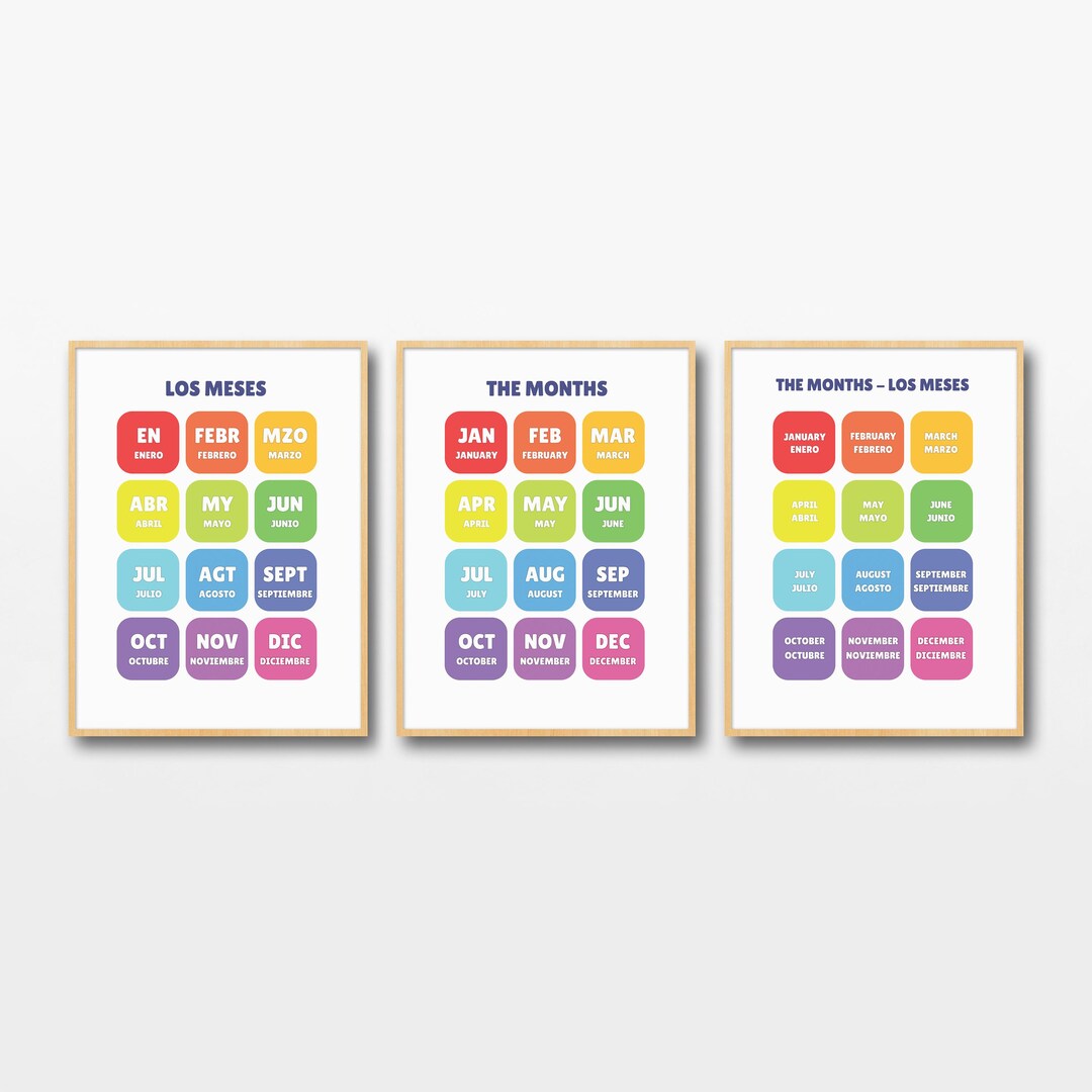 Months Poster - English, Spanish and Bilingual - Colors - Etsy