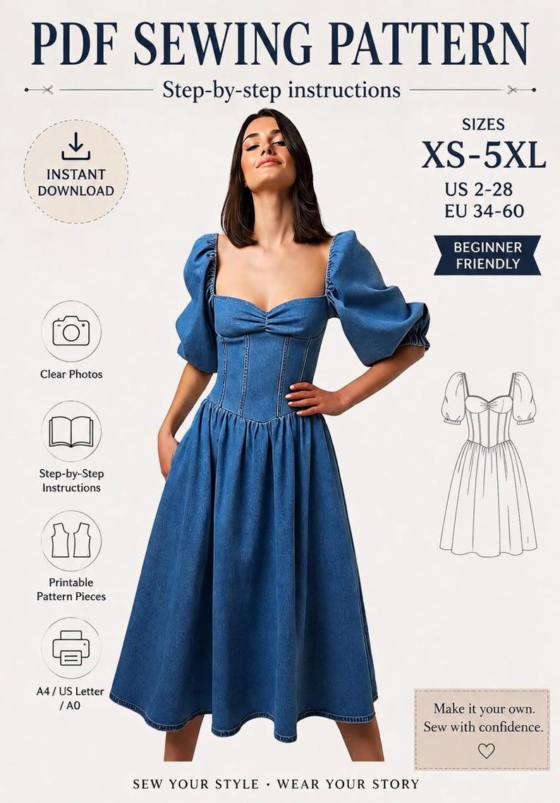 Women's Corset Dress Sewing Pattern | Midi Dress With Puff Sleeves and ...