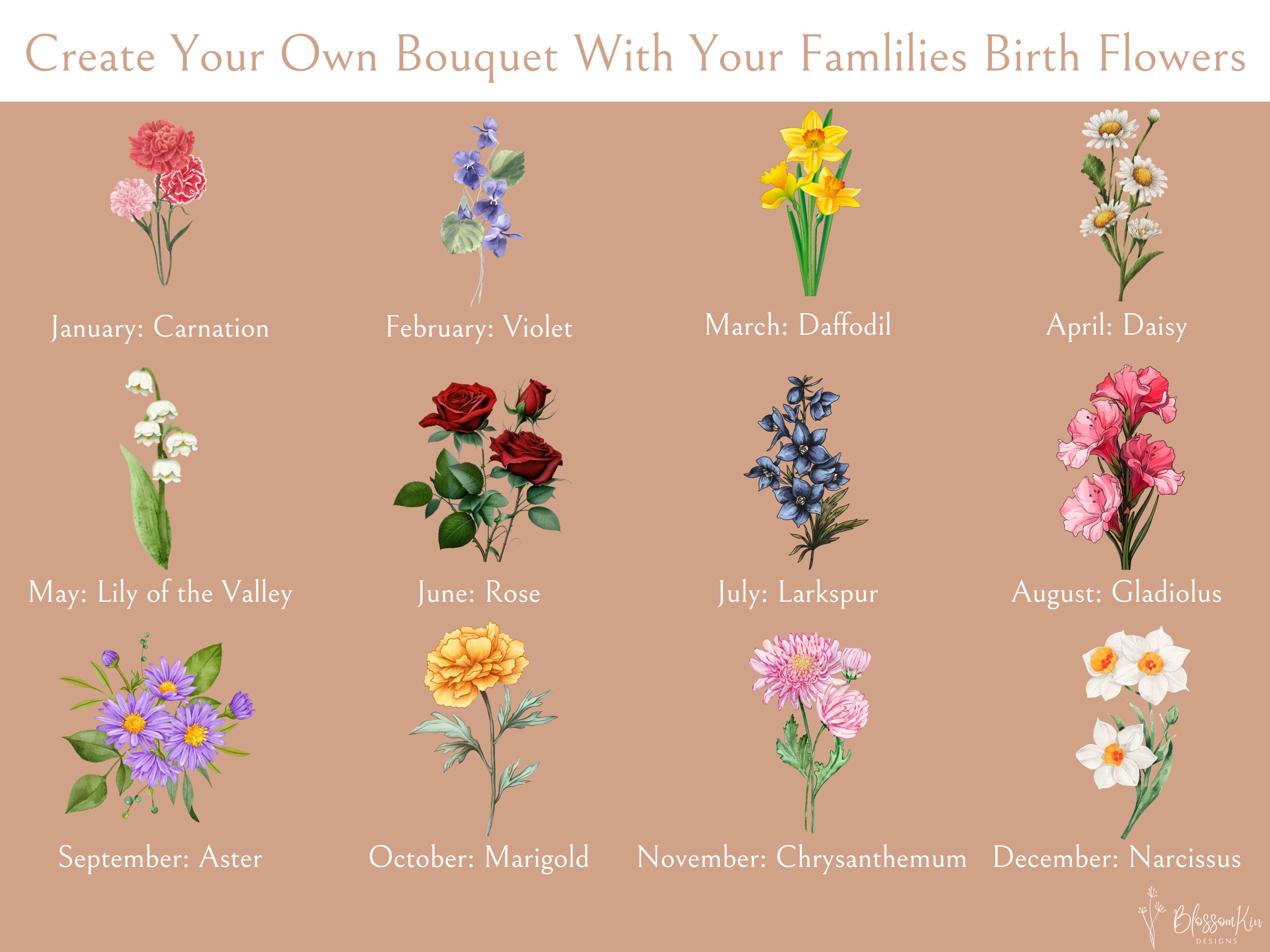 Birth Flower Family Bouquet, Birth Flower Wall Art, Custom Birth Month ...