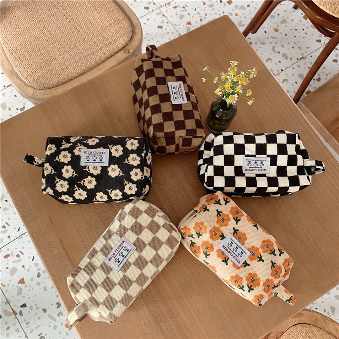 Classic Orange Floral Checkerboard Soft Corduroy Makeup Bag, Cosmetic ...
