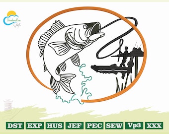 Fishing Rod and Fish Embroidery Pattern, Machine Embroidery Design for ...