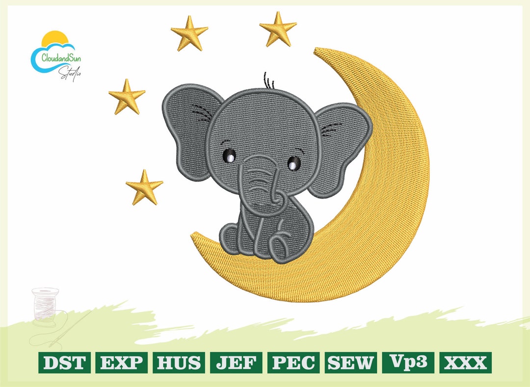 Baby Elephant Machine Embroidery, Moon With Stars Embroidery Pattern ...