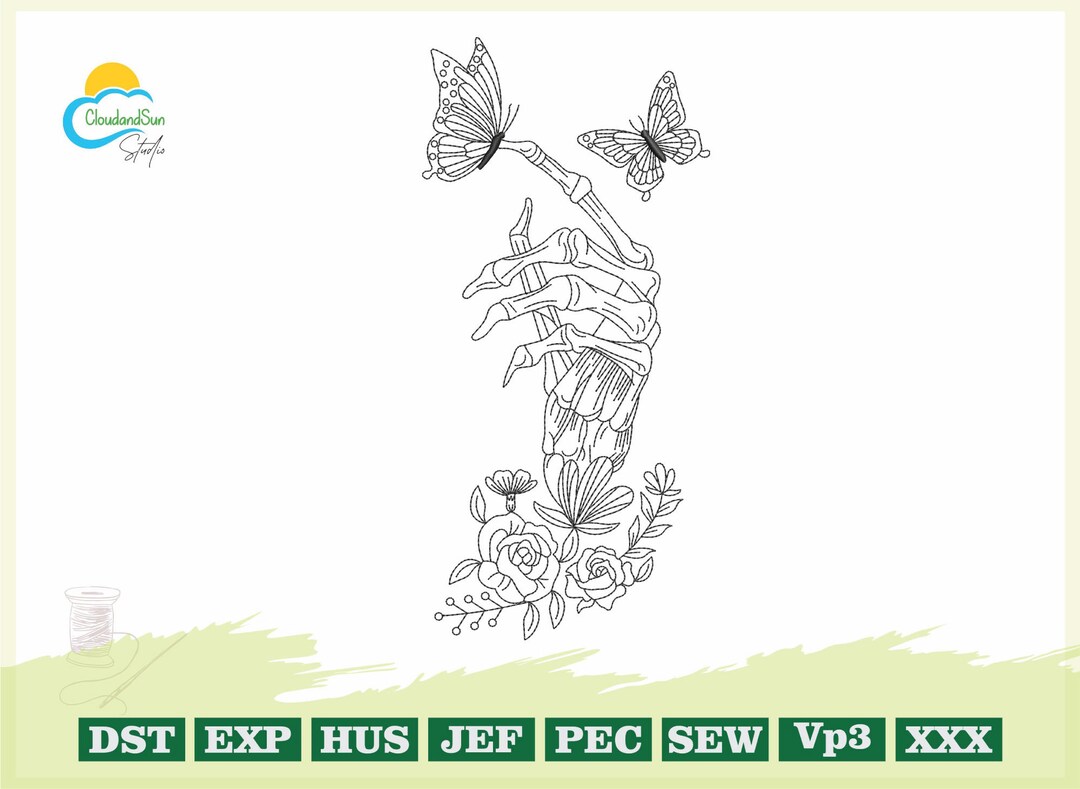 Skeletal Hand Machine Embroidery, Floral Hand Embroidery Design, Hand ...