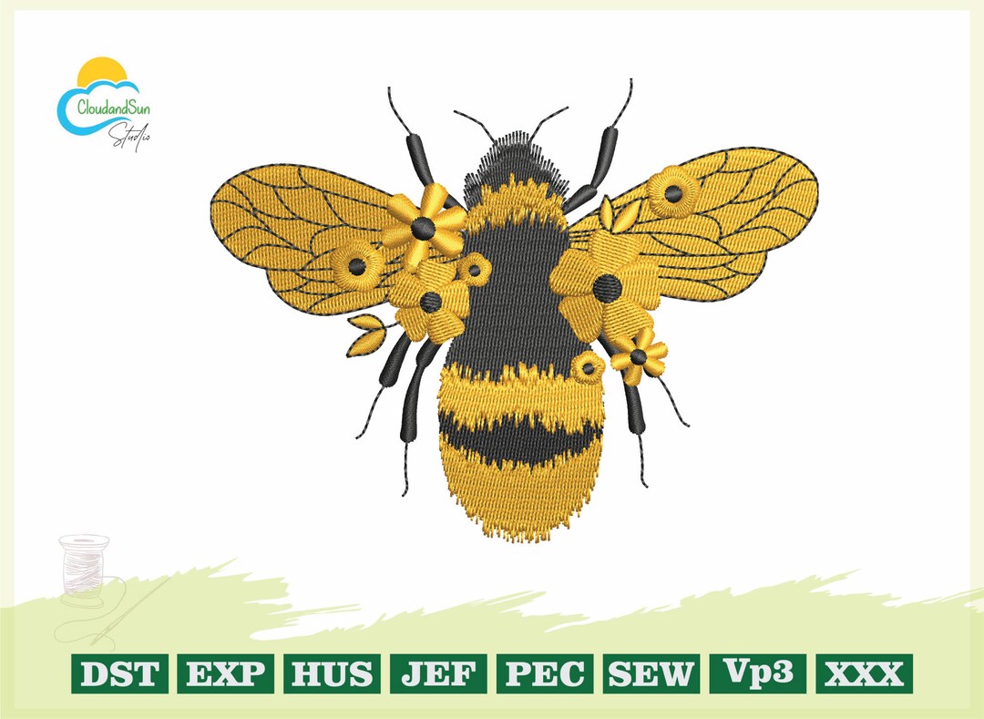 Bumble Bee Machine Embroidery, Floral BEE Embroidery Design, Golden Bee ...