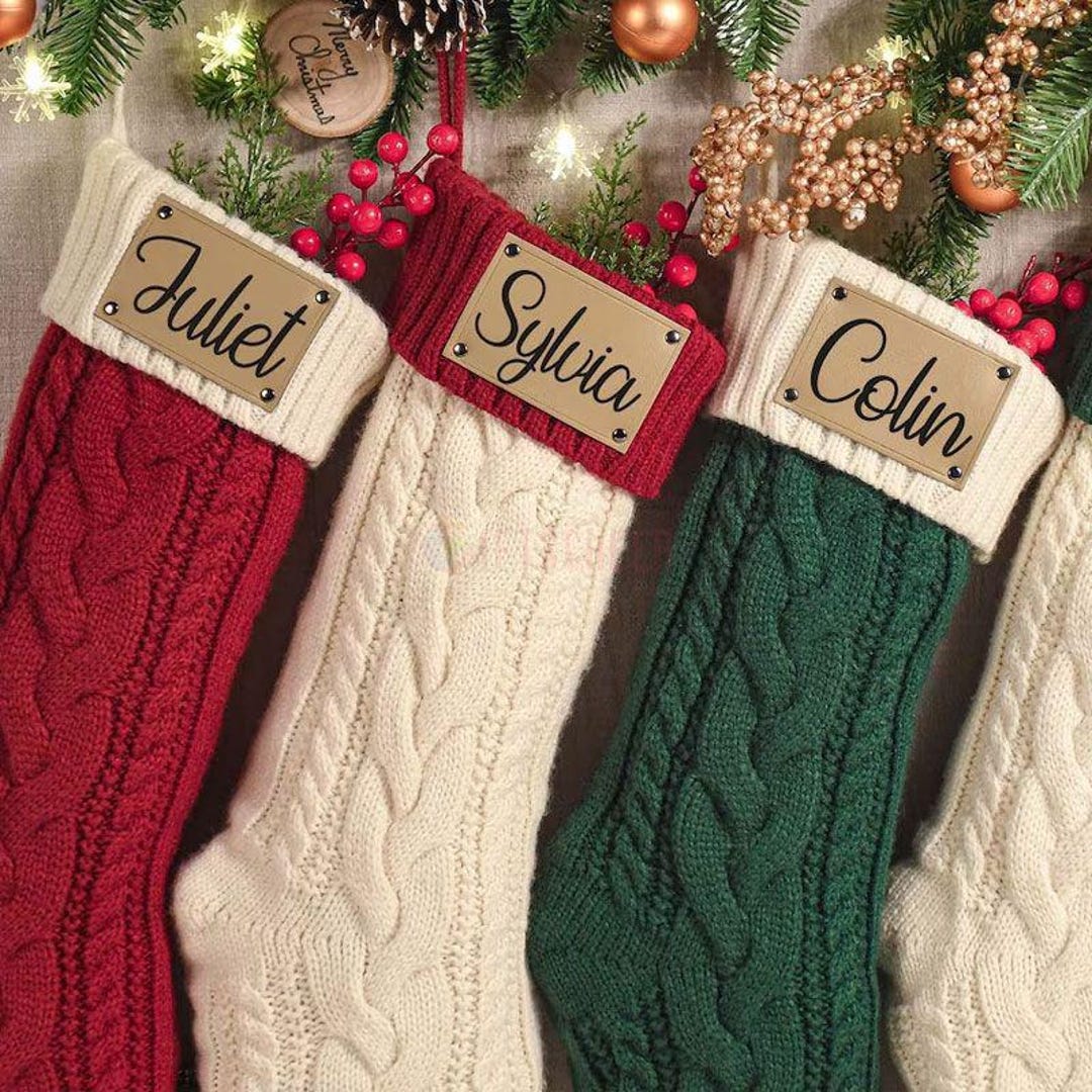 Personalized Engraved Leather Patch Stockings, Family Christmas Knitted ...