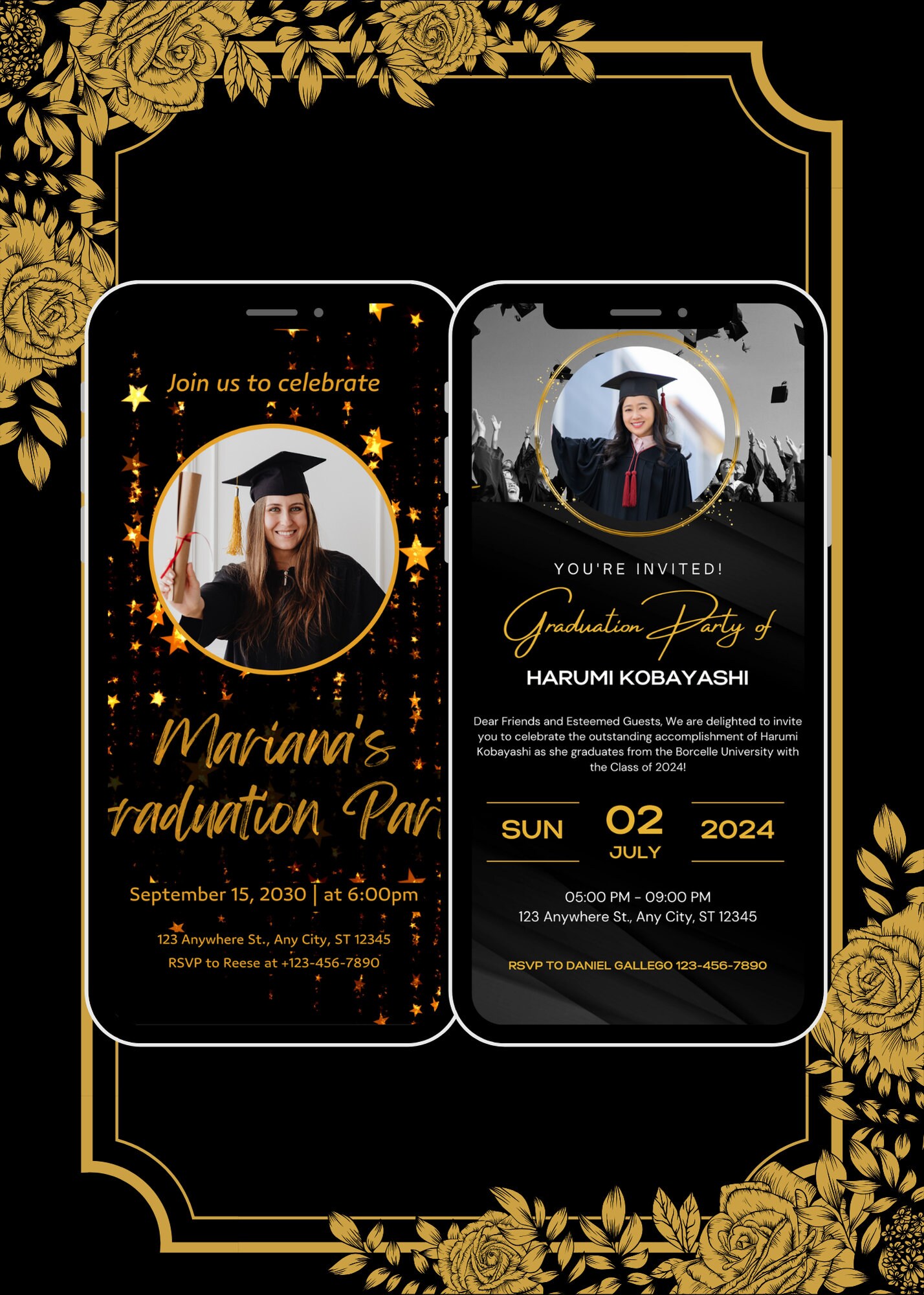 Digital Graduation Ceremony Invitation, Animated Black Gold Glam Glitz ...