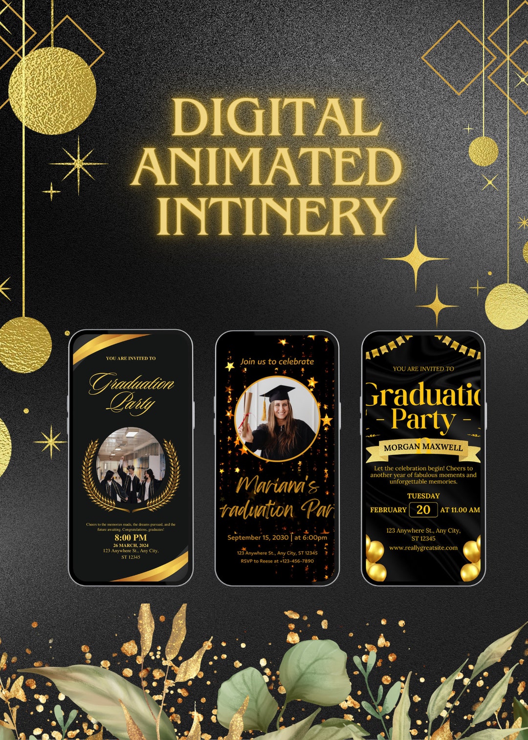 Digital Graduation Ceremony Invitation, Animated Black Gold Glam Glitz ...