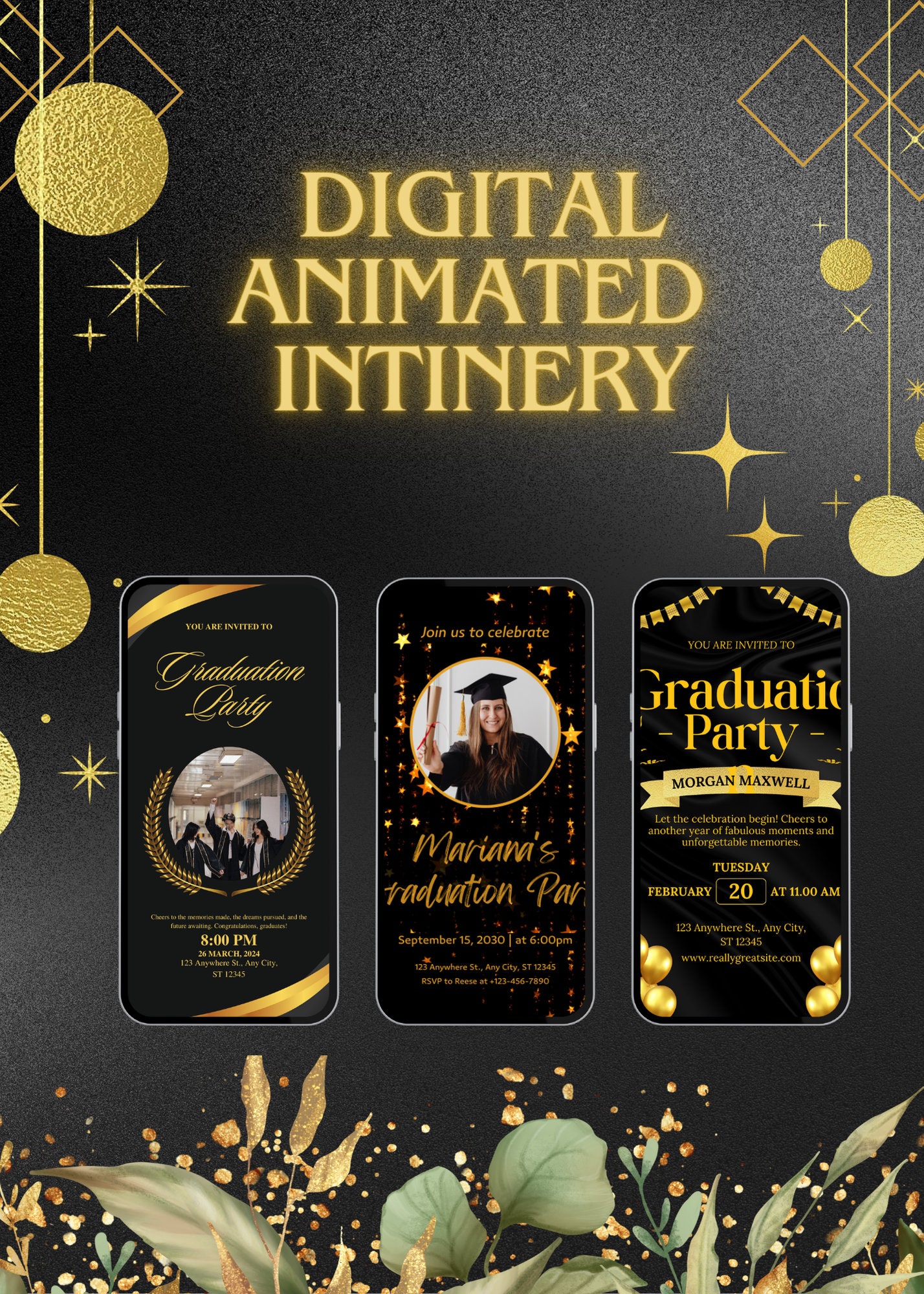 Digital Graduation Ceremony Invitation, Animated Black Gold Glam Glitz ...