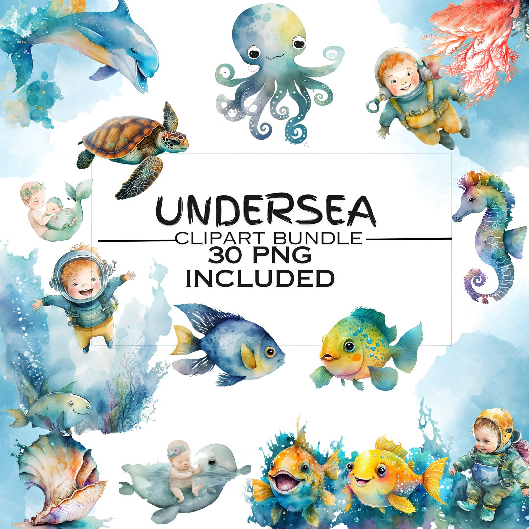 30 Undersea Watercolor Clipart Bundle Baby Wall Art, Cute Ocean Animals ...