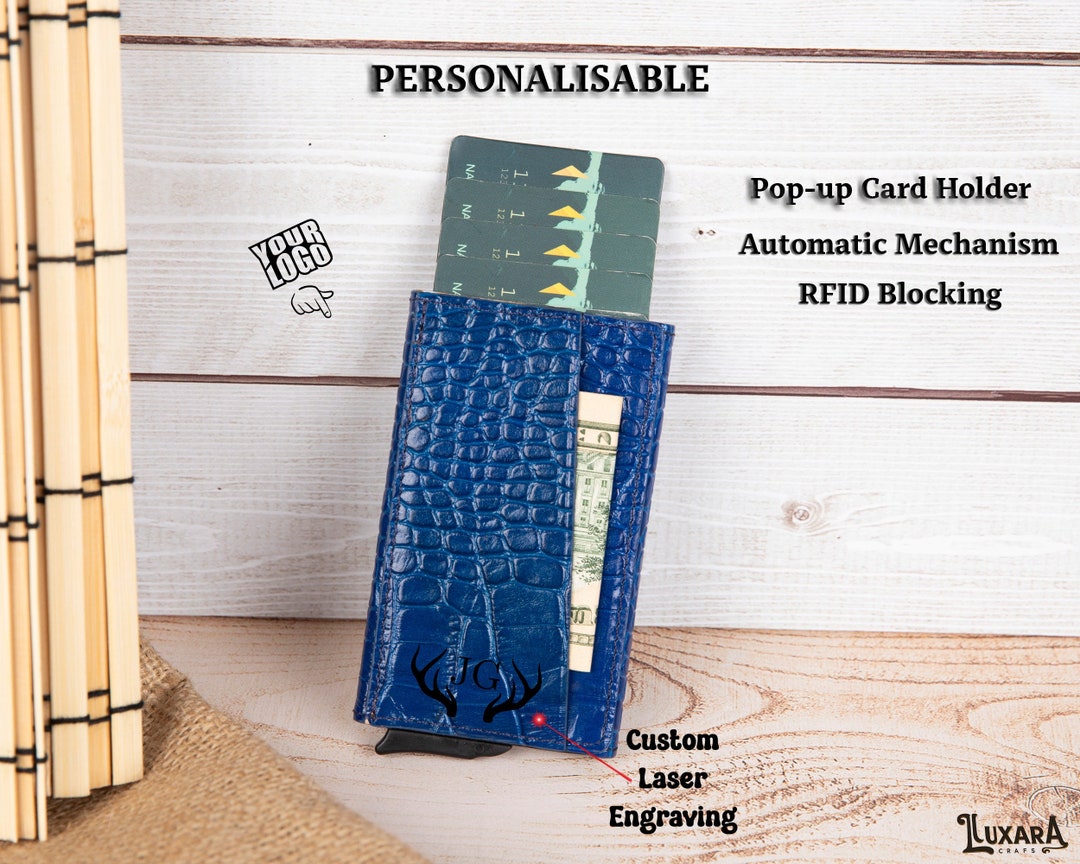 Minimalist Mechanical Pop-up Card Holder, Personalized Pop up Leather ...