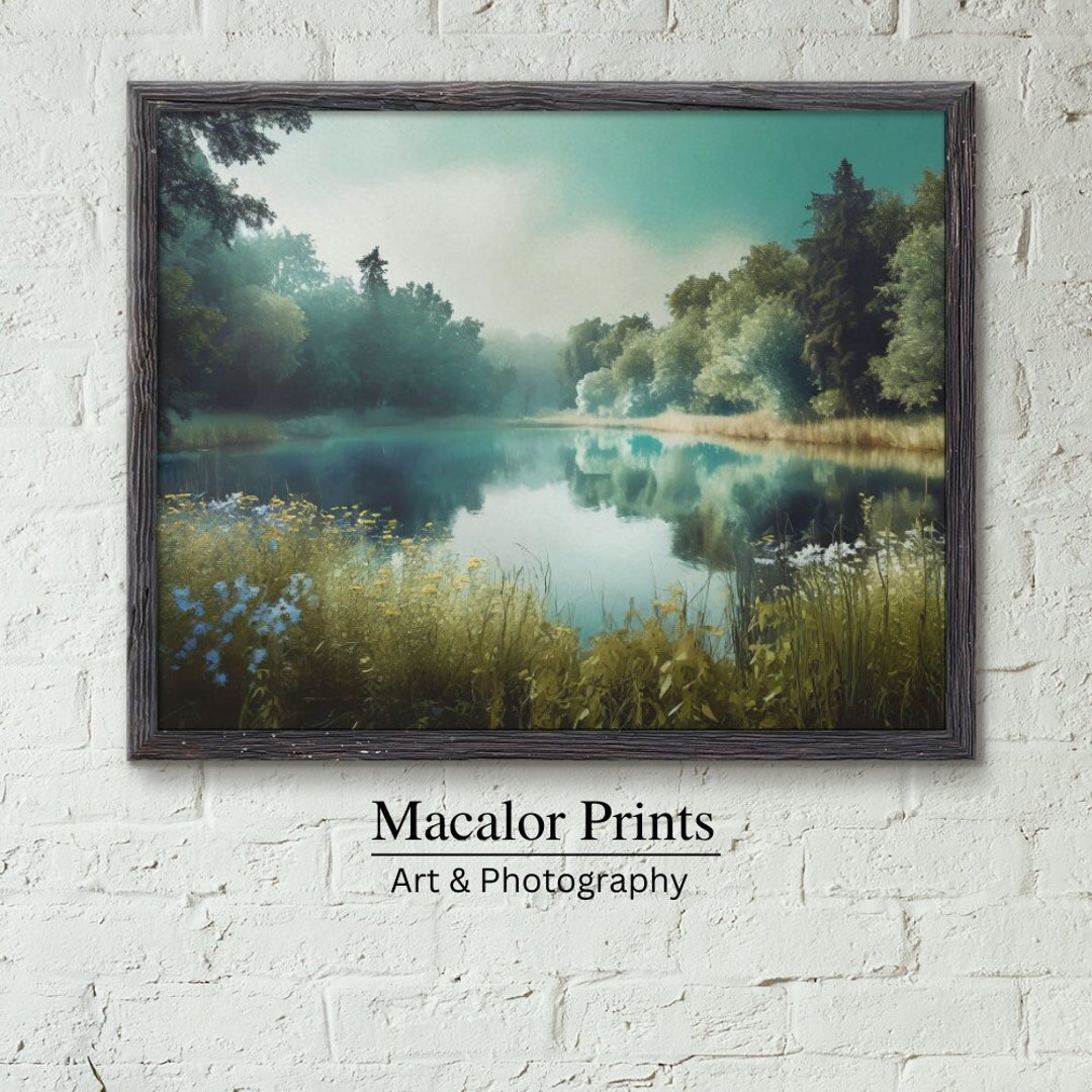 Printable Blue Lake Forest Landscape Wall Art Print | Digital Download ...