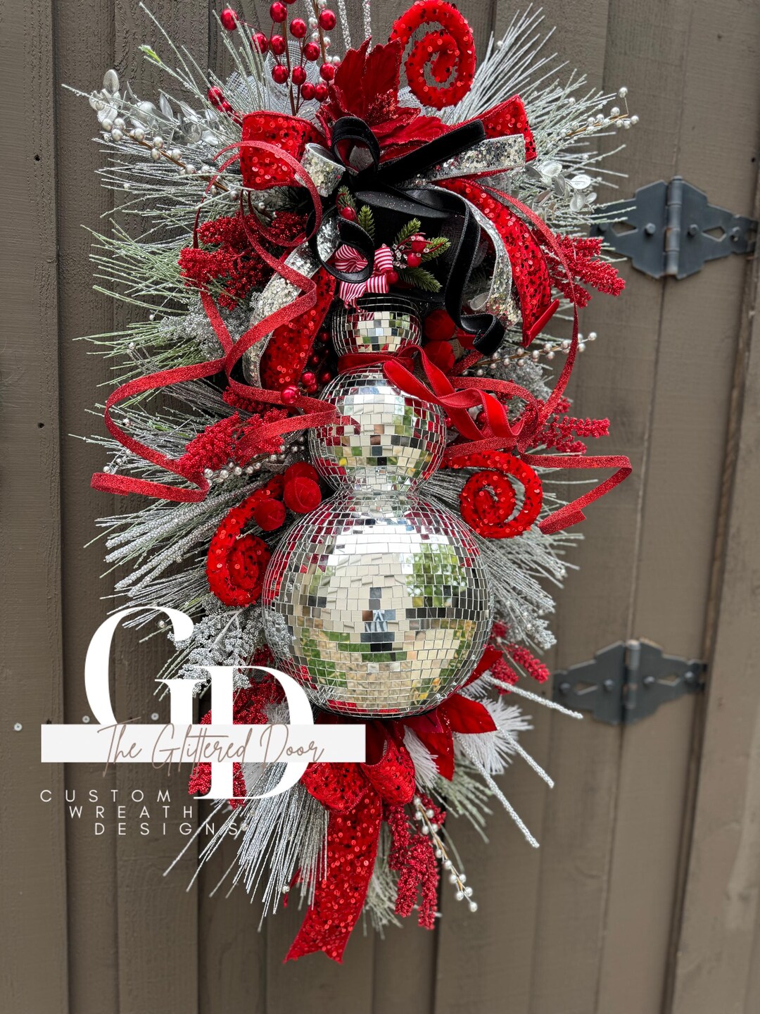Red Silver Black Disco Ball Snowman Swag Wreath Christmas Door Wreath ...