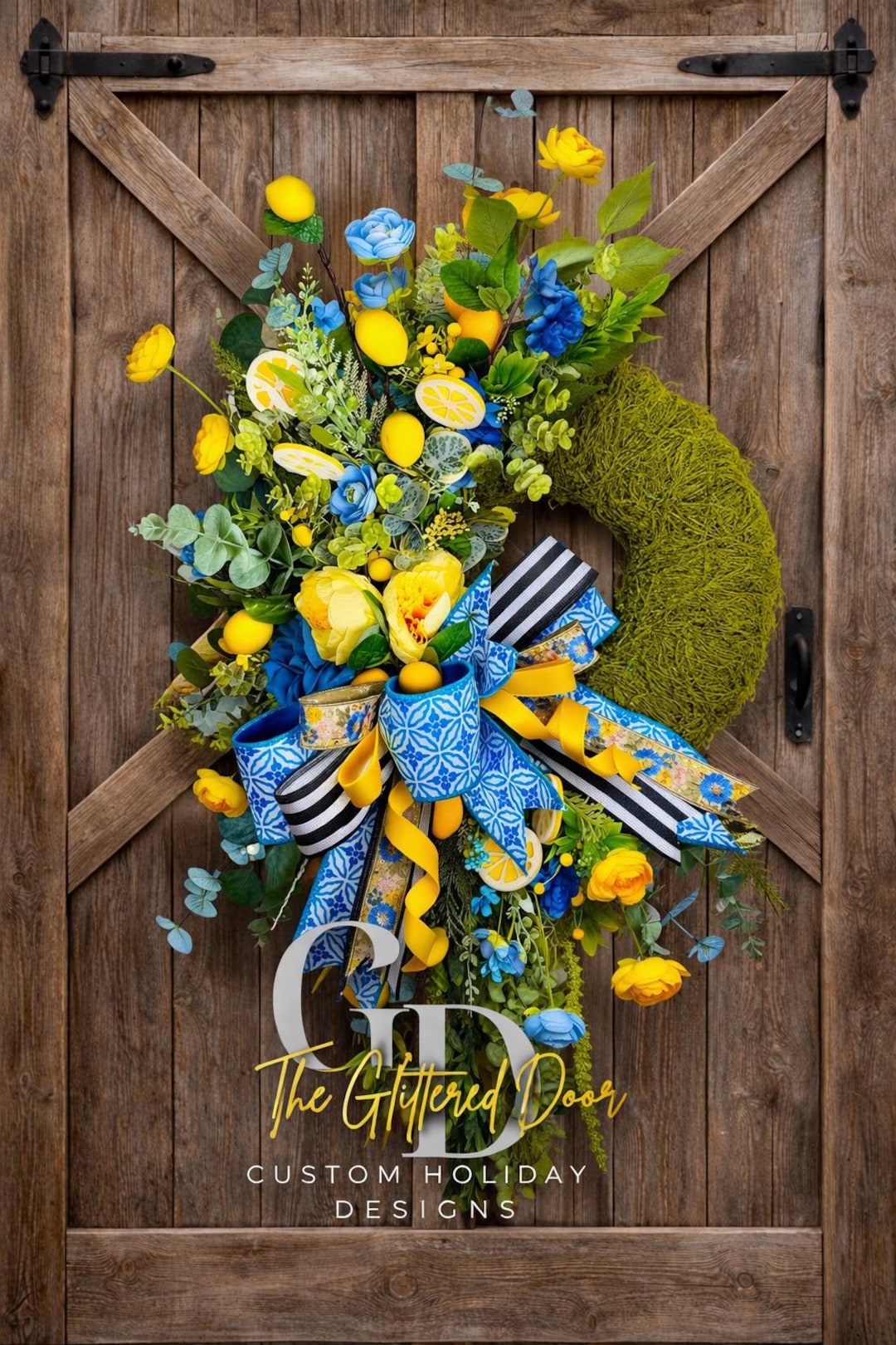 Blue Lemon Spring Moss Wreath, Moss Base Lemon Wreath for Front Door ...