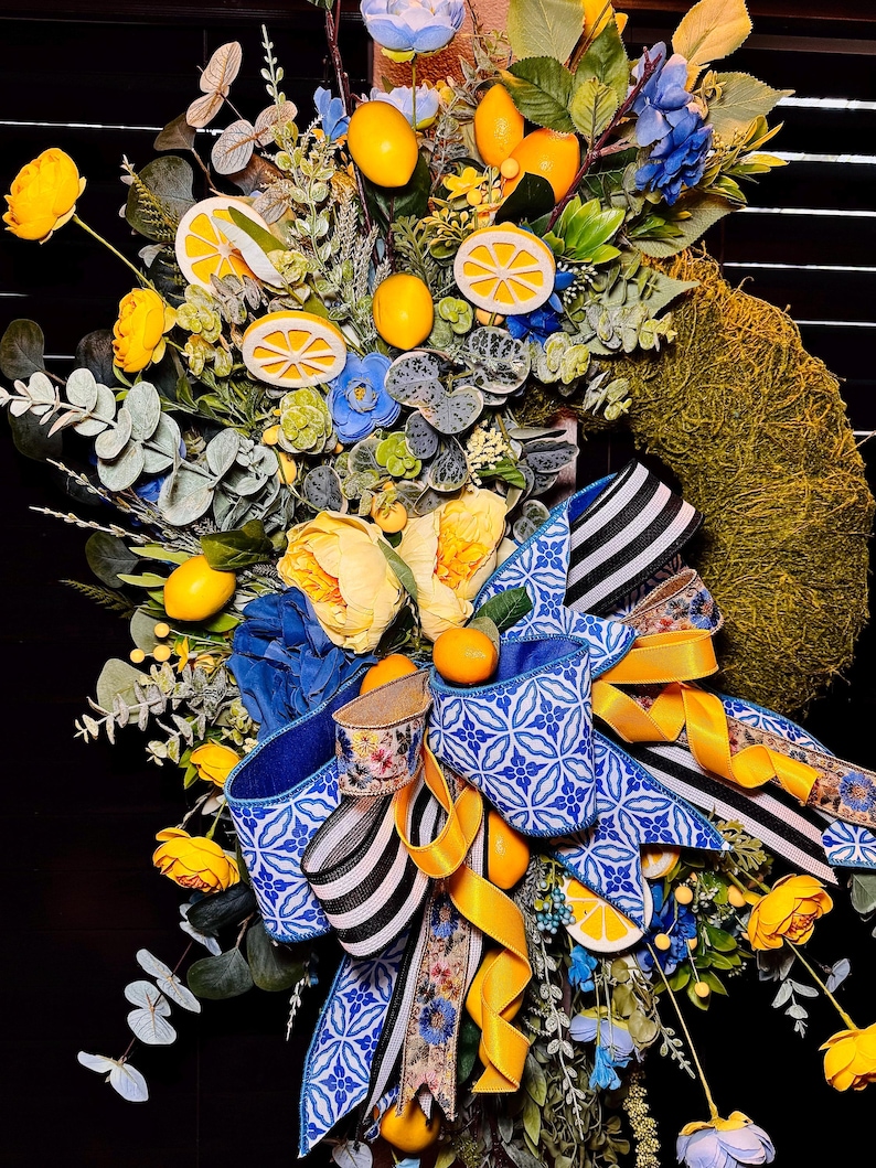 Blue Lemon Spring Moss Wreath, Moss Base Lemon Wreath for Front Door ...