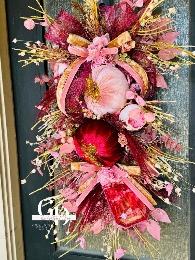 Front Door Pink Fall Wreath Pumpkin and Jewel Wreath Pink Fall Front ...