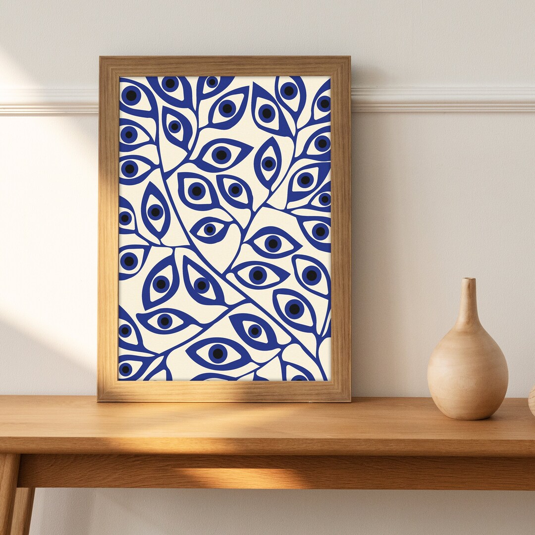 Greek Evil Eye Poster Surreal Plant Wall Art Blue and White Abstract ...