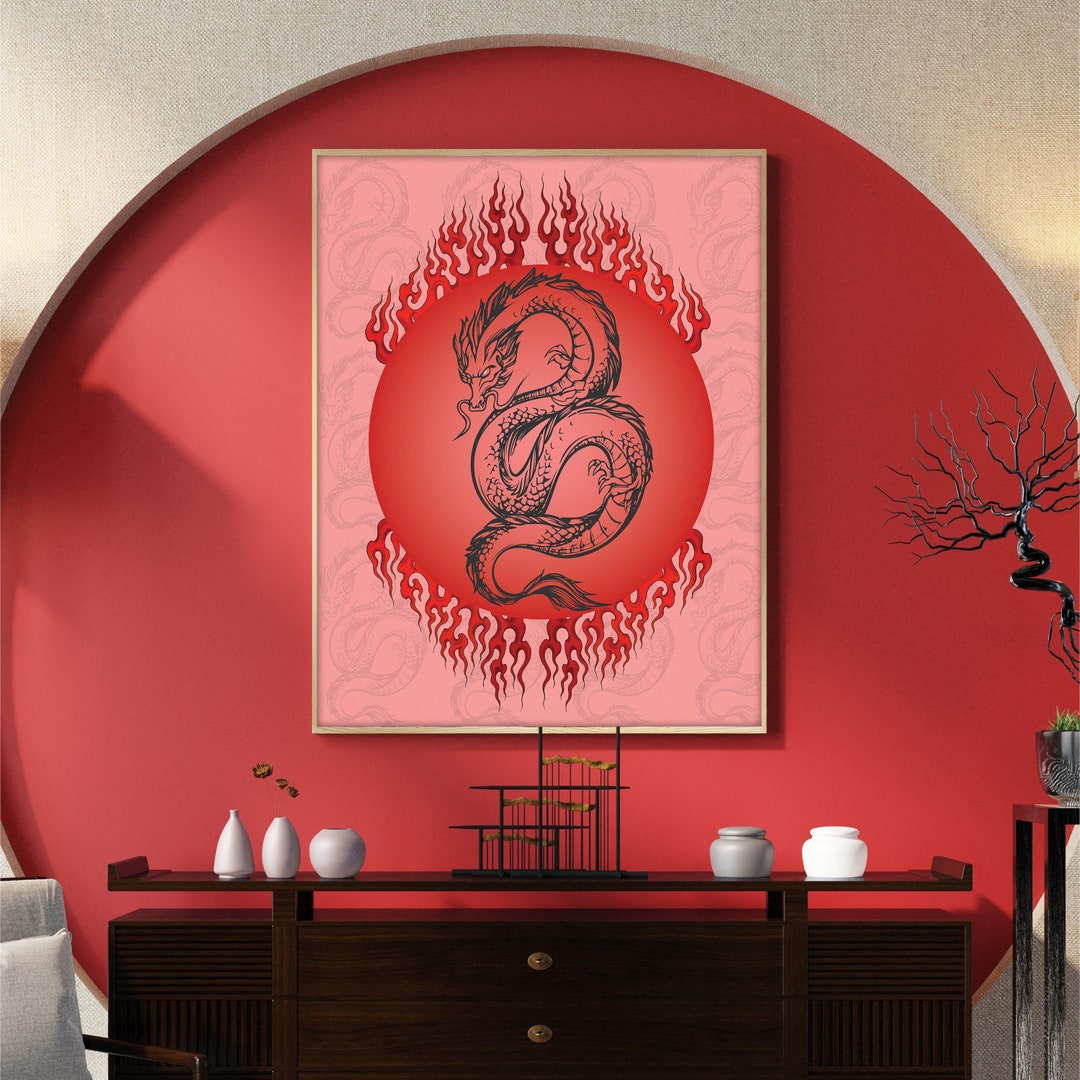 Fire Dragon Poster Chinese Dragon Year Red Black and Pink Fantasy Wall ...