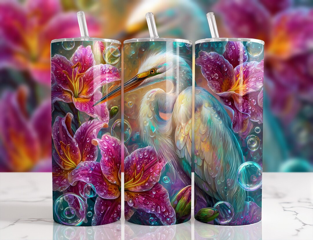 Egret and Lilies 20 Oz Skinny Tumbler Wrap, Floral Design, Bird Tumbler ...