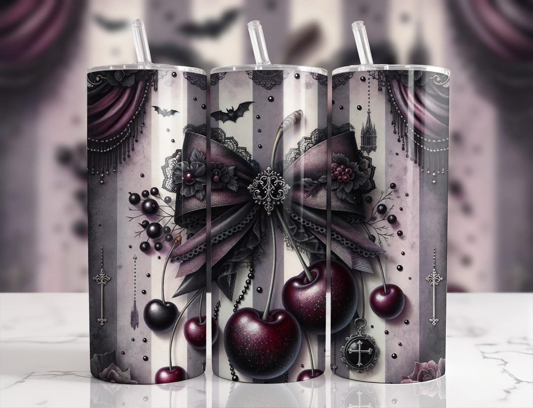 Gothic Cherries 20oz Skinny Tumbler Wrap, Dark Academia Tumbler, Halloween Sublimation Design ...