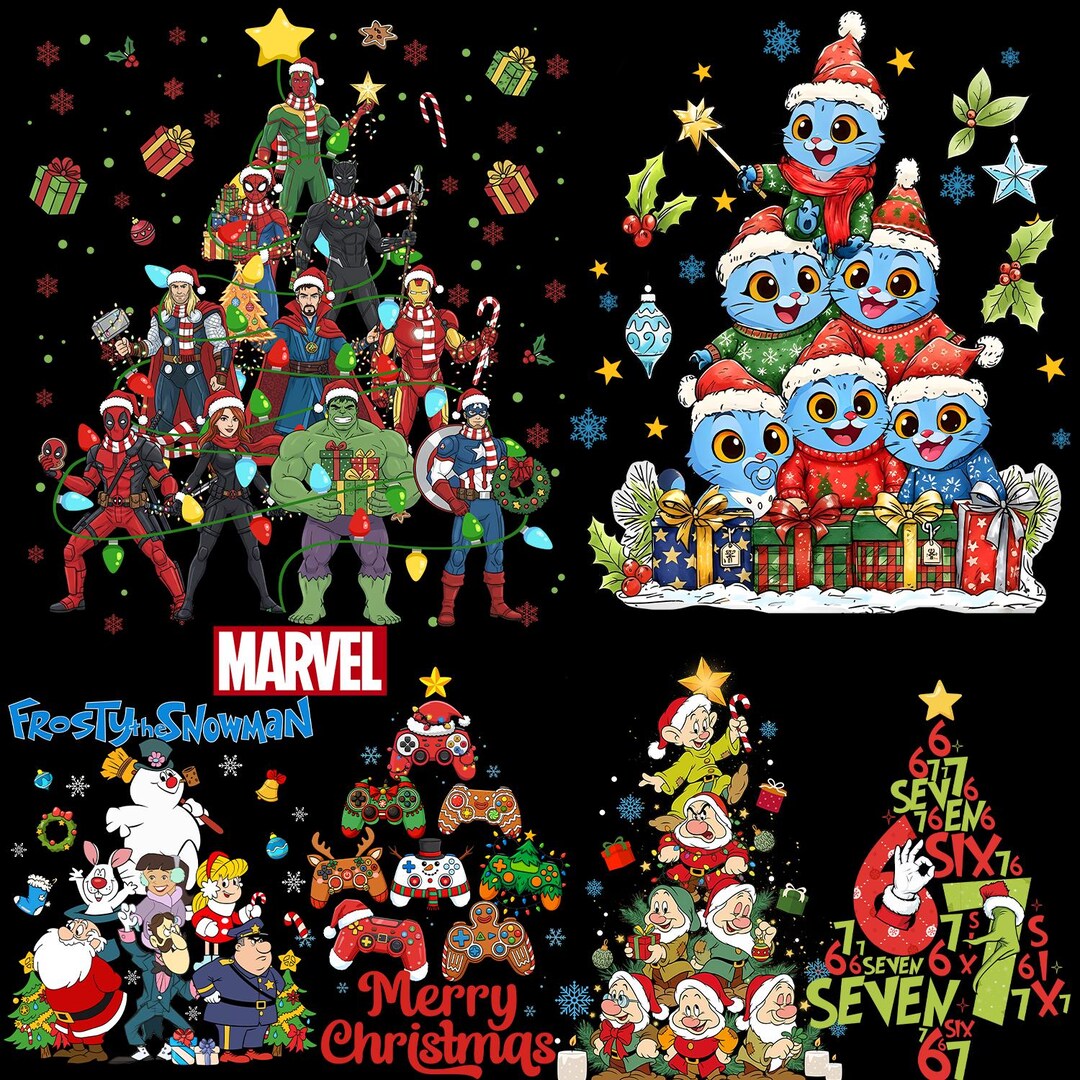 6 Christmas Cartoon Tree PNG Bundle, Marvel Superhero Christmas Tree ...