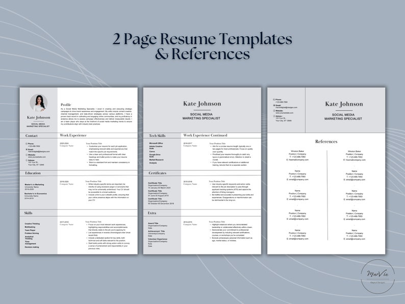 Clean & Professional Resume Templates With References and Cover Letter ...
