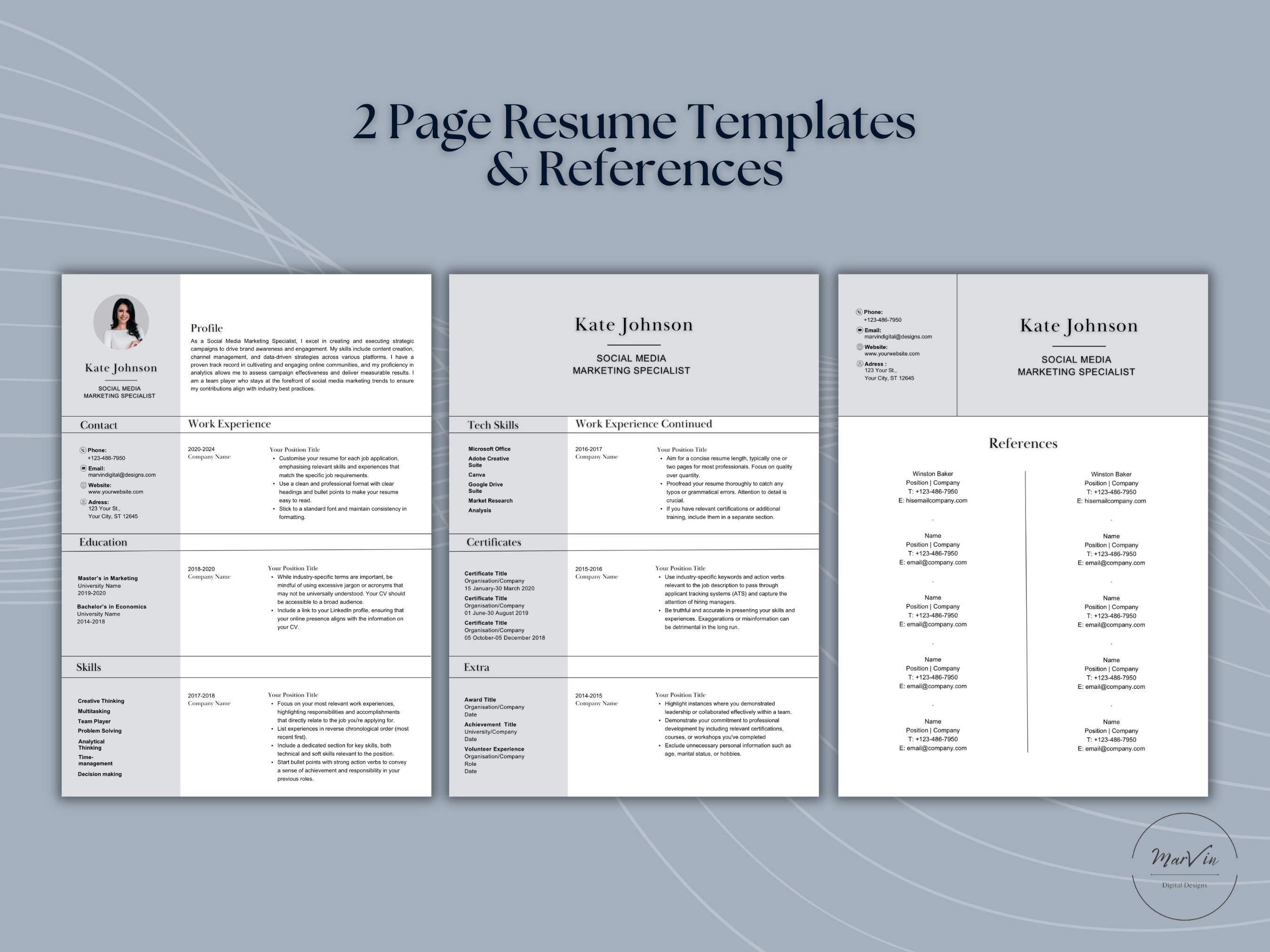 Clean & Professional Resume Templates With References and Cover Letter ...