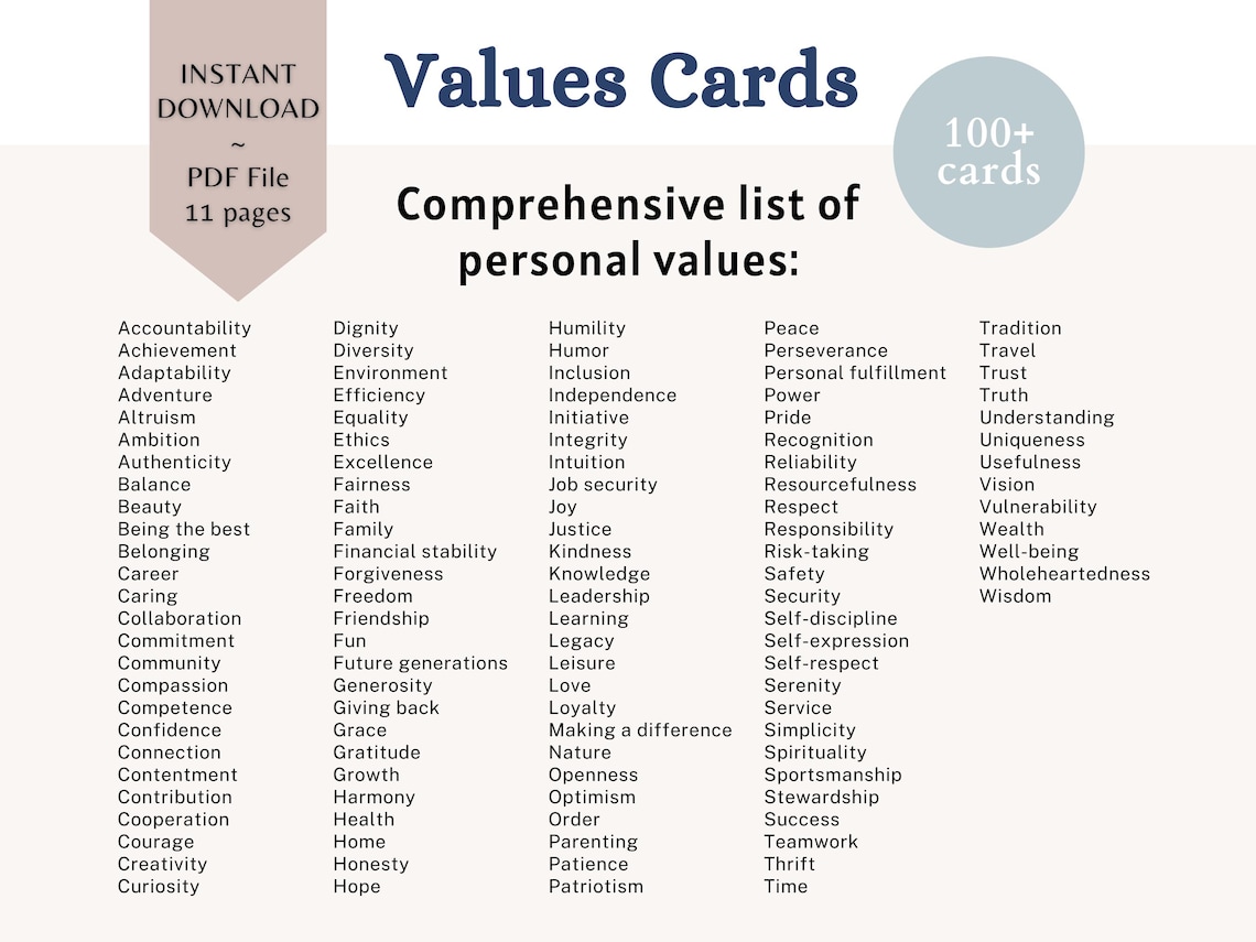 Personal Values Card Exercise for Values Exploration Cards Printable Core Values Identification ...