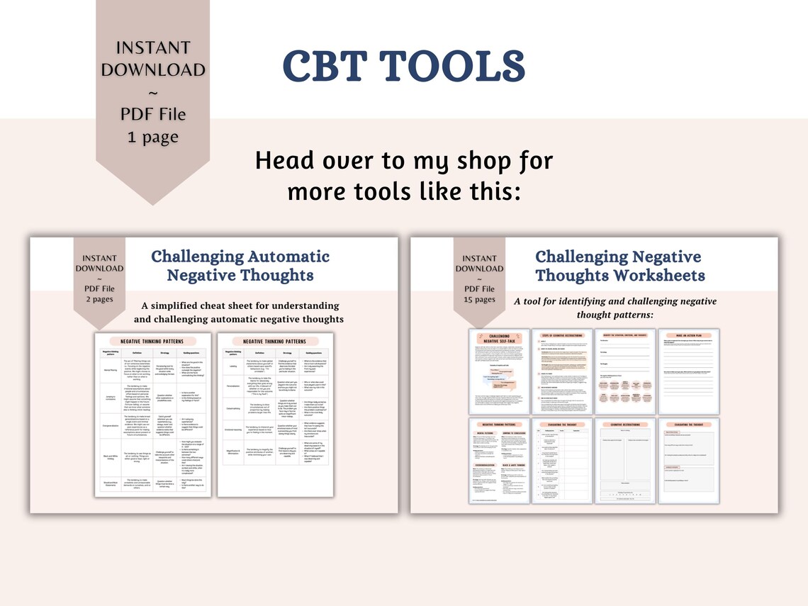 Thought Record CBT Therapy Worksheets Challenging Automatic Negative ...
