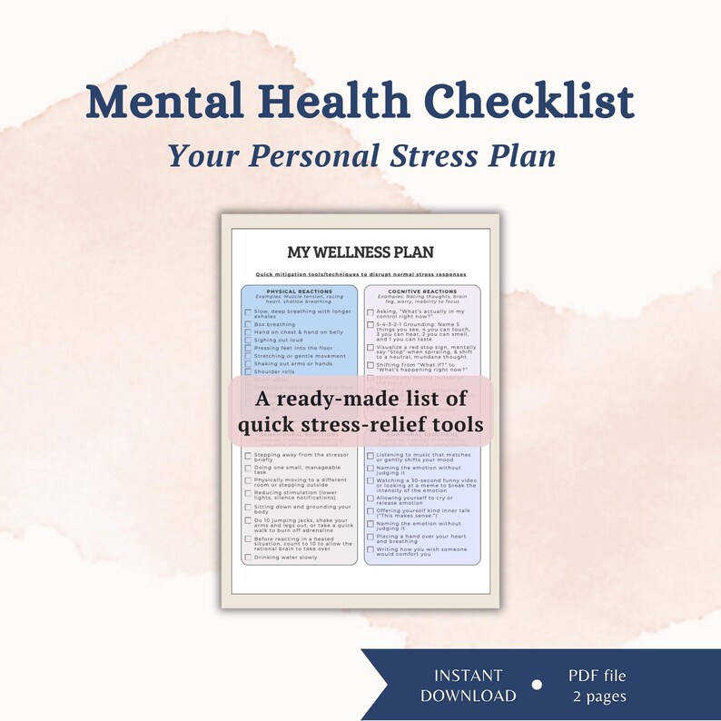 Mental Health Checklist, Self-care Planner, Wellness Plan for Stress ...