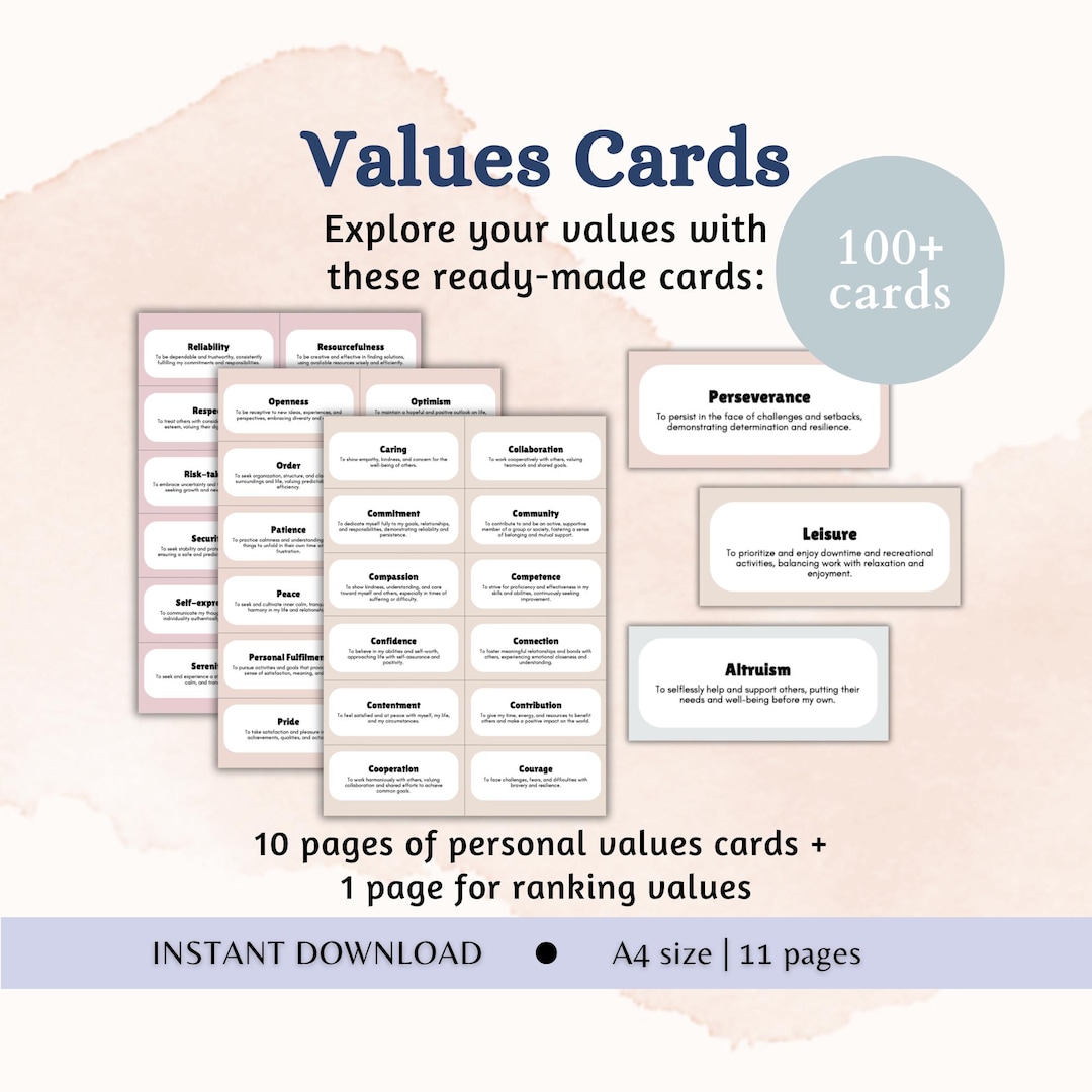 Core Values and Beliefs Worksheets Ranking Core Values Cards Sorting ...