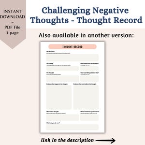 CBT Printable Worksheet Thought Record Thought Log Thought Tracker ...
