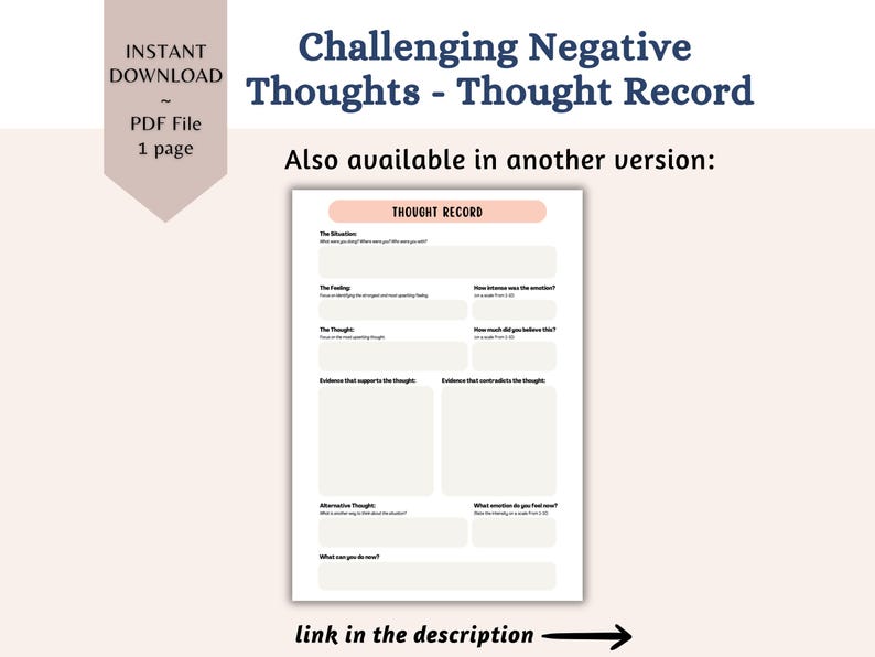 CBT Printable Worksheet Thought Record Thought Log Thought Tracker ...