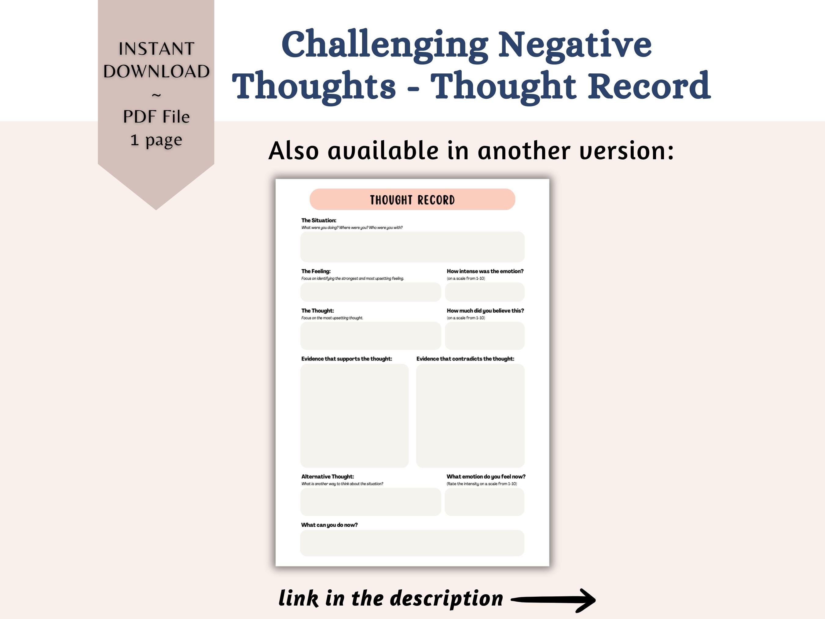 CBT Printable Worksheet Thought Record Thought Log Thought Tracker ...