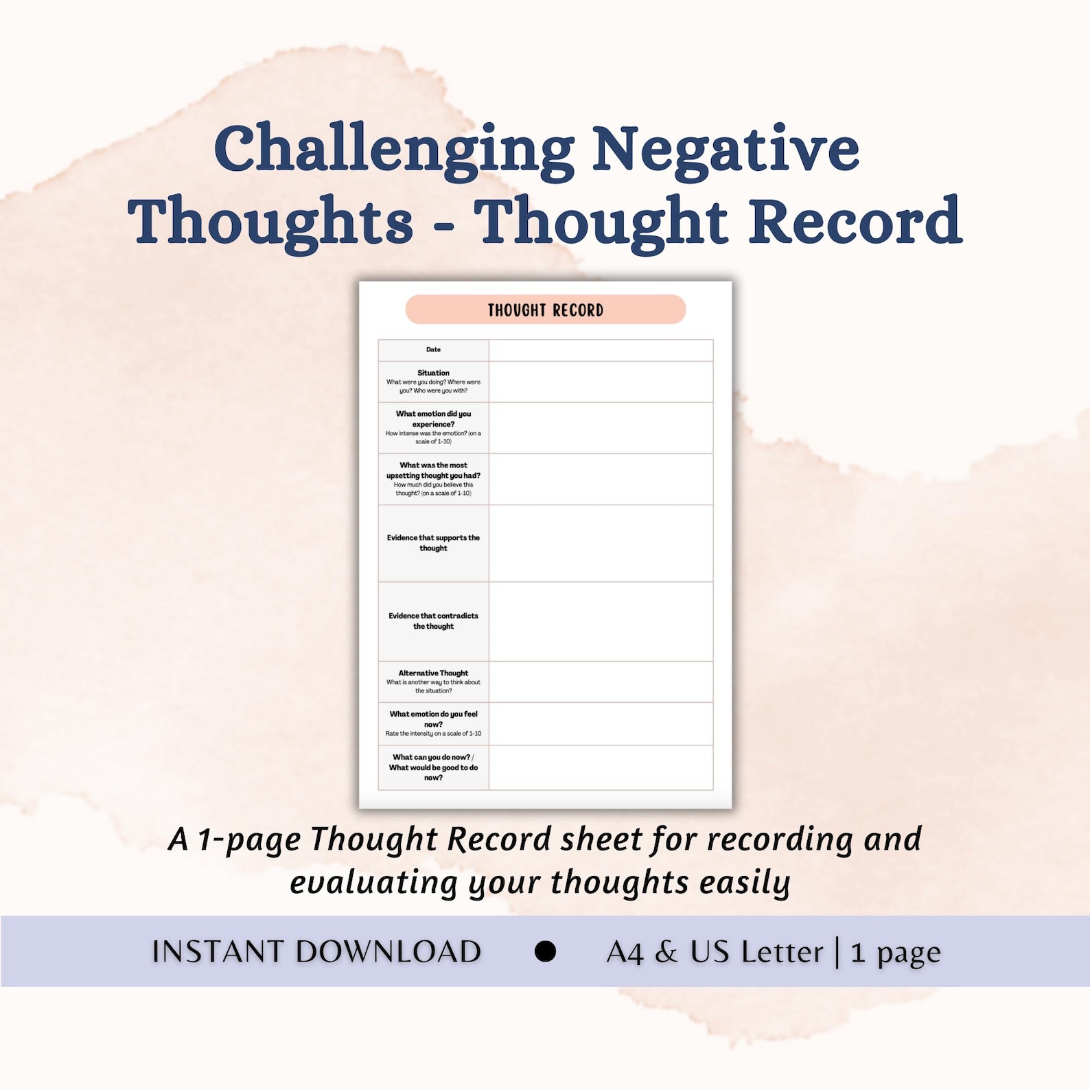 CBT Printable Worksheet Thought Record Thought Log Thought Tracker ...