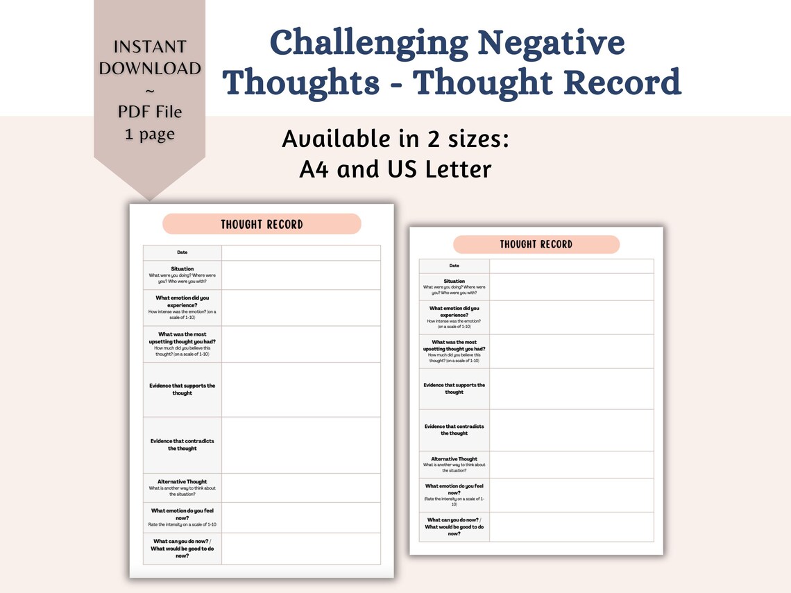 CBT Printable Worksheet Thought Record Thought Log Thought Tracker ...