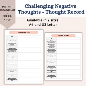 CBT Printable Worksheet Thought Record Thought Log Thought Tracker ...