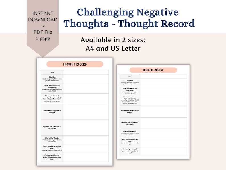 CBT Printable Worksheet Thought Record Thought Log Thought Tracker ...