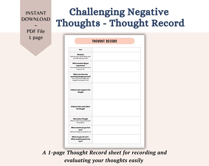 CBT Thought Record Worksheet Bundle | Printable PDF for Therapists ...
