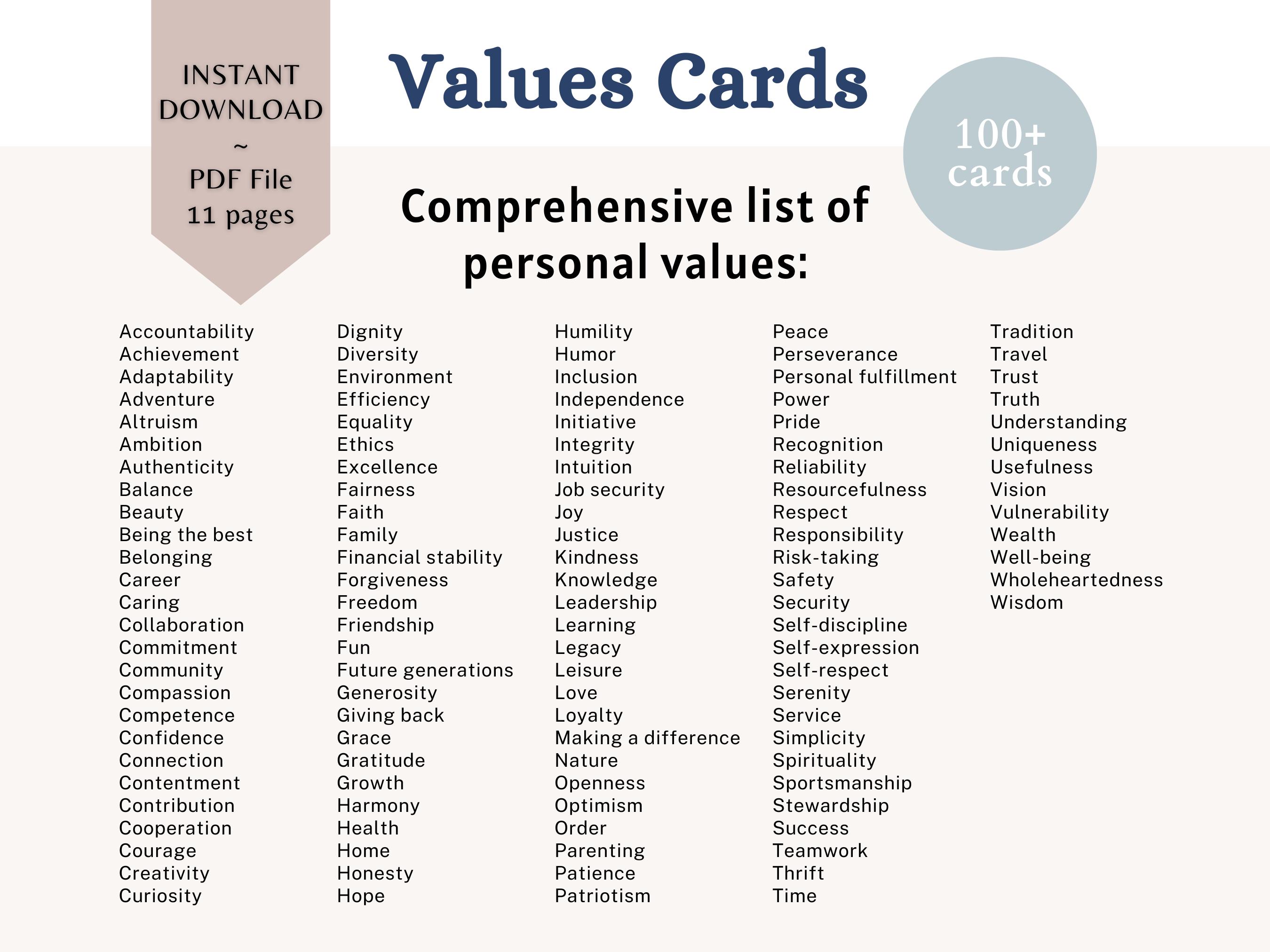 Core Values and Beliefs Worksheets Ranking Core Values Cards Sorting Exercise Values Exploration ...