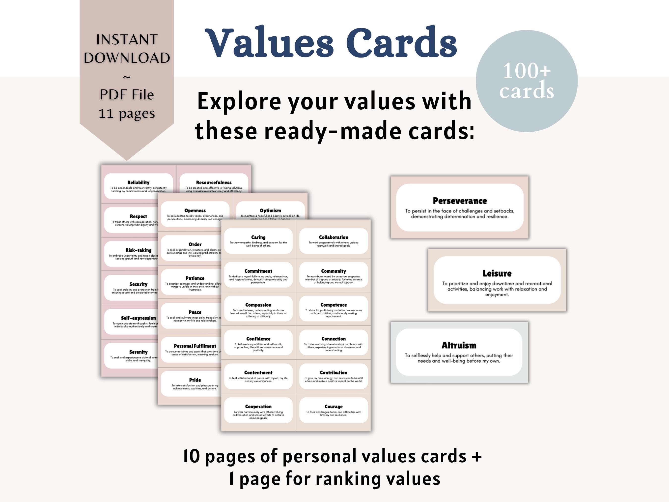 Core Values and Beliefs Worksheets Ranking Core Values Cards Sorting Exercise Values Exploration ...