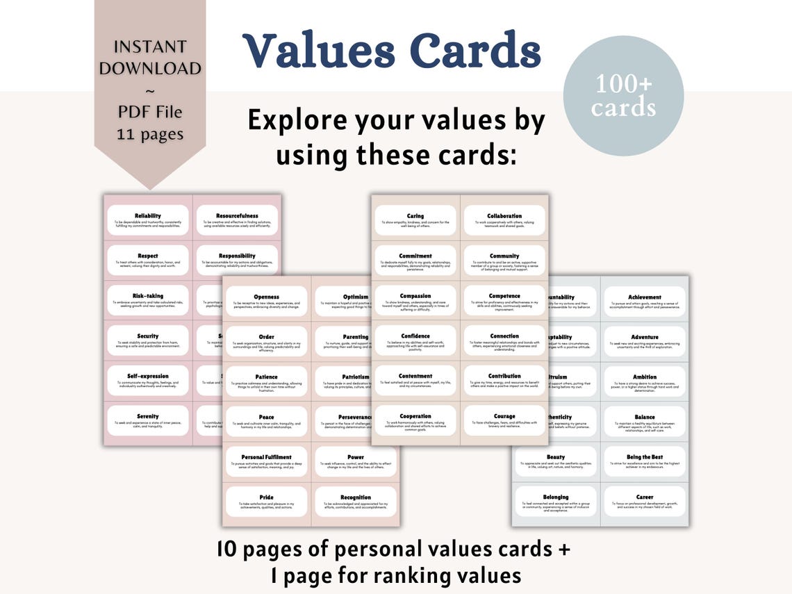 Personal Values Card Exercise for Values Exploration Cards Printable Core Values Identification ...