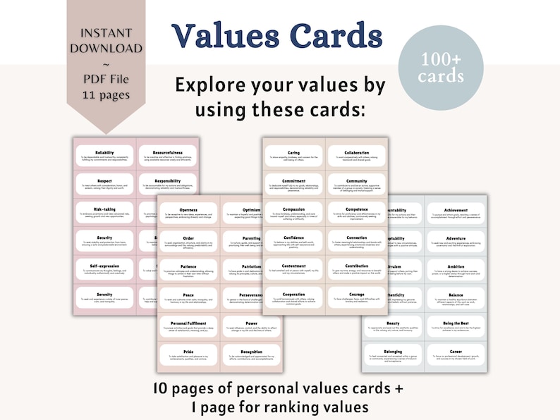 Personal Values Card Exercise for Values Exploration Cards Printable Core Values Identification ...