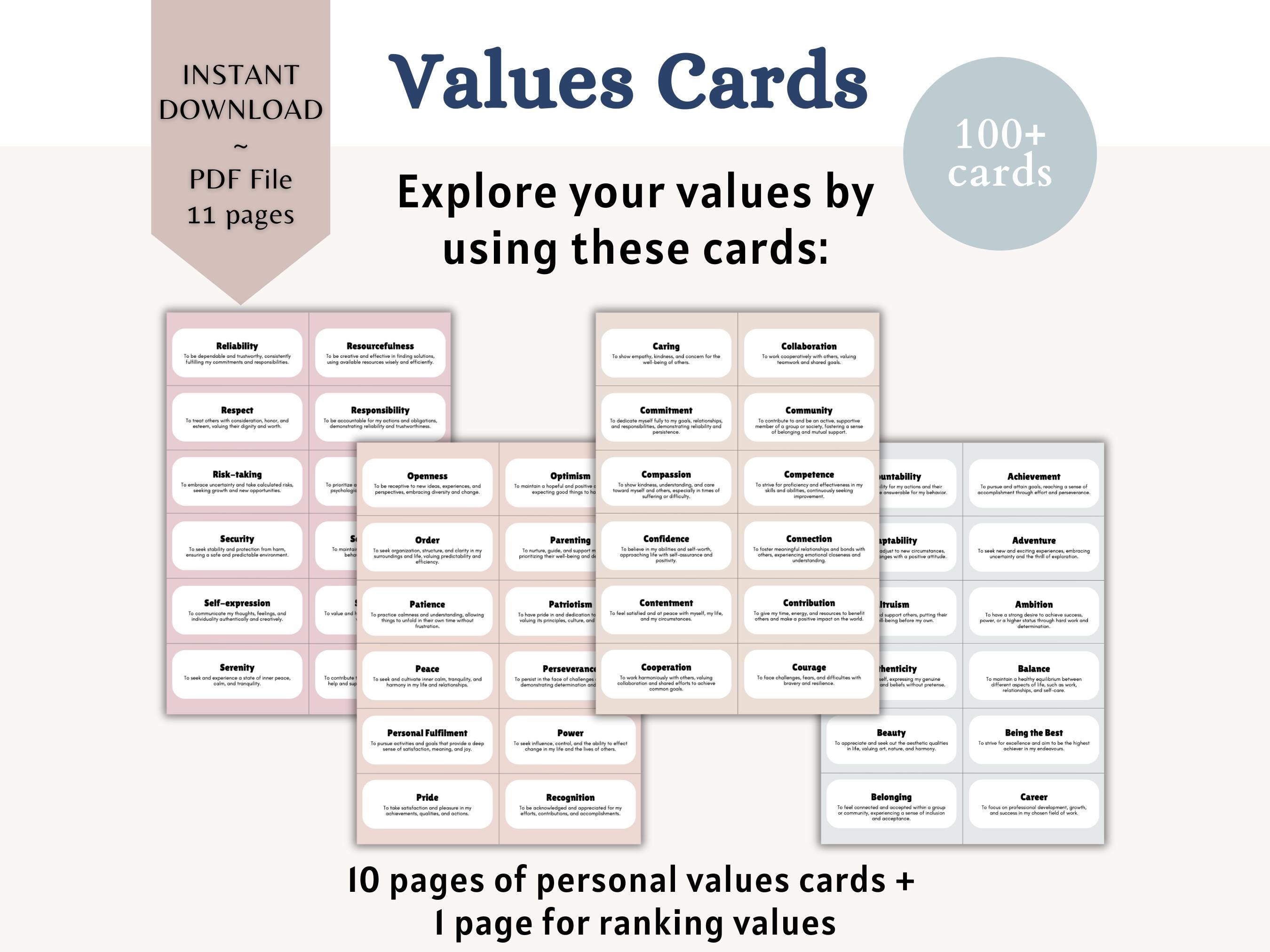 Personal Values Card Exercise for Values Exploration Cards Printable ...