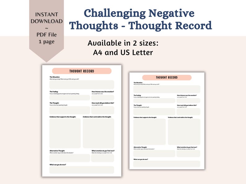 Thought Record CBT Therapy Worksheets Challenging Automatic Negative ...