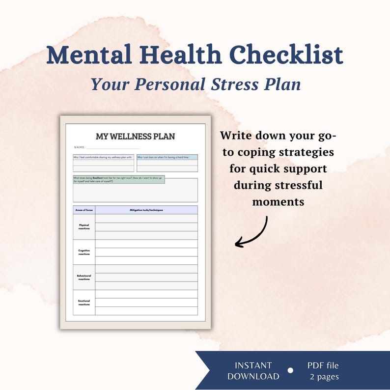 Mental Health Checklist, Self-care Planner, Wellness Plan for Stress ...