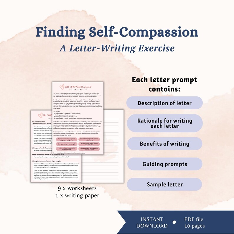 Self Compassion Worksheet Emotional Processing Therapy Tool for Self ...